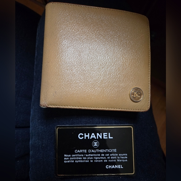 CHANEL | Bags | Chanel Coco Button Mark Beige Leather Bifold Wallet ...
